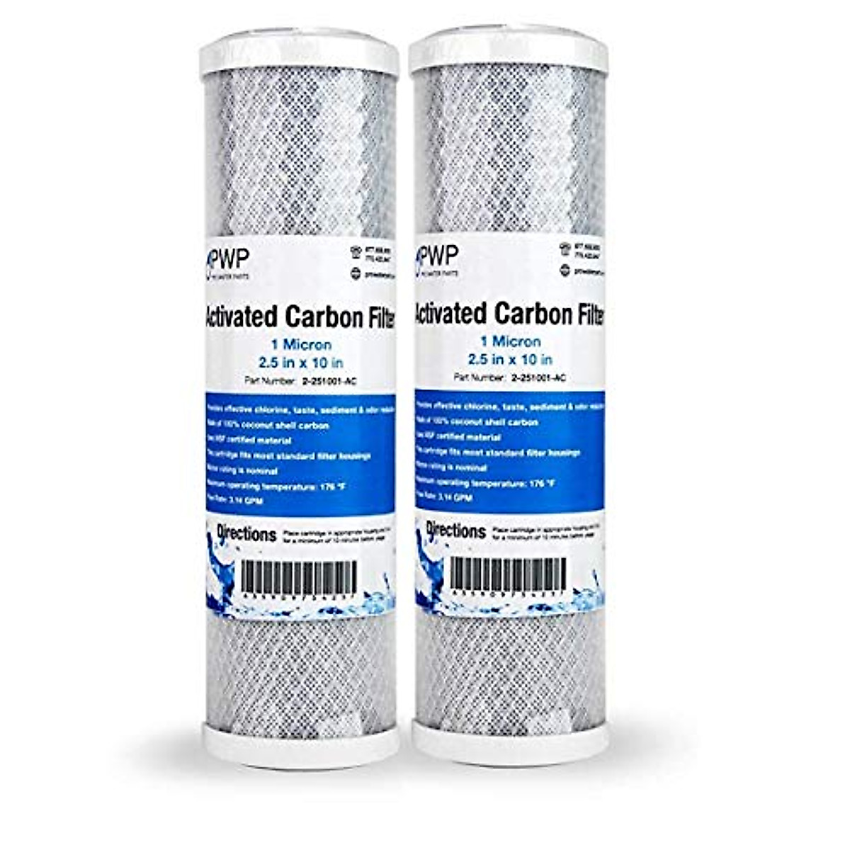 Activated Carbon CTO Water Filter Cartridge Standard 2.5 x10" 1 Micron 2 pack