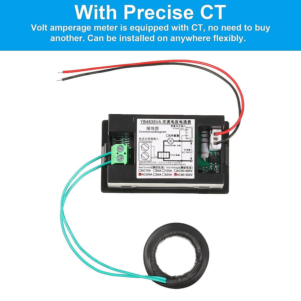 Volt Amp Meter 500V 200A Voltmeter Voltage and Current Meter Digital Dual Display, 0.39 Inches LED 2 in 1 Multimeter, 2-Wire Voltage Amperage Tester Gauge with Current Transformer (2)