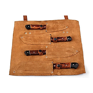 Professional Kitchen knife Custom Damascus Steel Chef knife 4 pcs of Utility BBQ knife| Cutlery set with Ross wood and Buffalo Horn Handle with Leather Roll Case, Overall 8.5 -13 inches