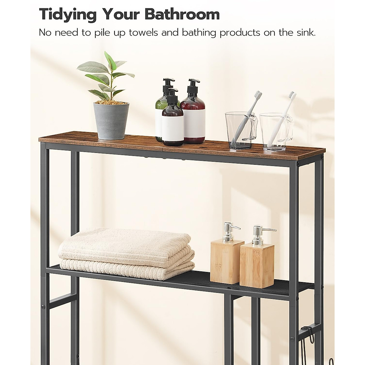 HOOBRO Over The Toilet Storage, 5-Tier Industrial Bathroom Organizer, Bathroom Space Saver with Toilet Paper Holder, Toilet Storage Rack, Small Spaces, Rustic Brown and Black BF84TS01