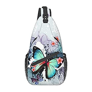 Aswuihz butterfly ink paint flowers Sling Bags Shoulder Backpack Crossbody Men Women Gym Climbing Runners Cycling Travel