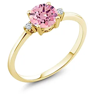 Gem Stone King 10K Yellow Gold Pink Zirconia and White Created Sapphire Solitaire Engagement Ring For Women (1.53 Cttw, Round 6MM, Gemstone Birthstone, Size 8)