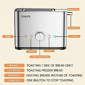 Toaster 2 Slice 1.57" Wide Slot with Heating Rack- Stainless Steel 2 Slice Toaster Easy to Use, Removable Crumb Tray Easy to Clean, Bagel/Defrost/Reheat/Cancel/6 Browning Settings Function, Save Time