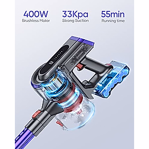BuTure Cordless Vacuum Cleaner, 400W 33Kpa Powerful Stick Vacuum with 55min Runtime Detachable Battery, Touch Display and 1.2L Large Dust Cup, Vacuum Cleaners for Hardwood Floor Carpet Car Pet