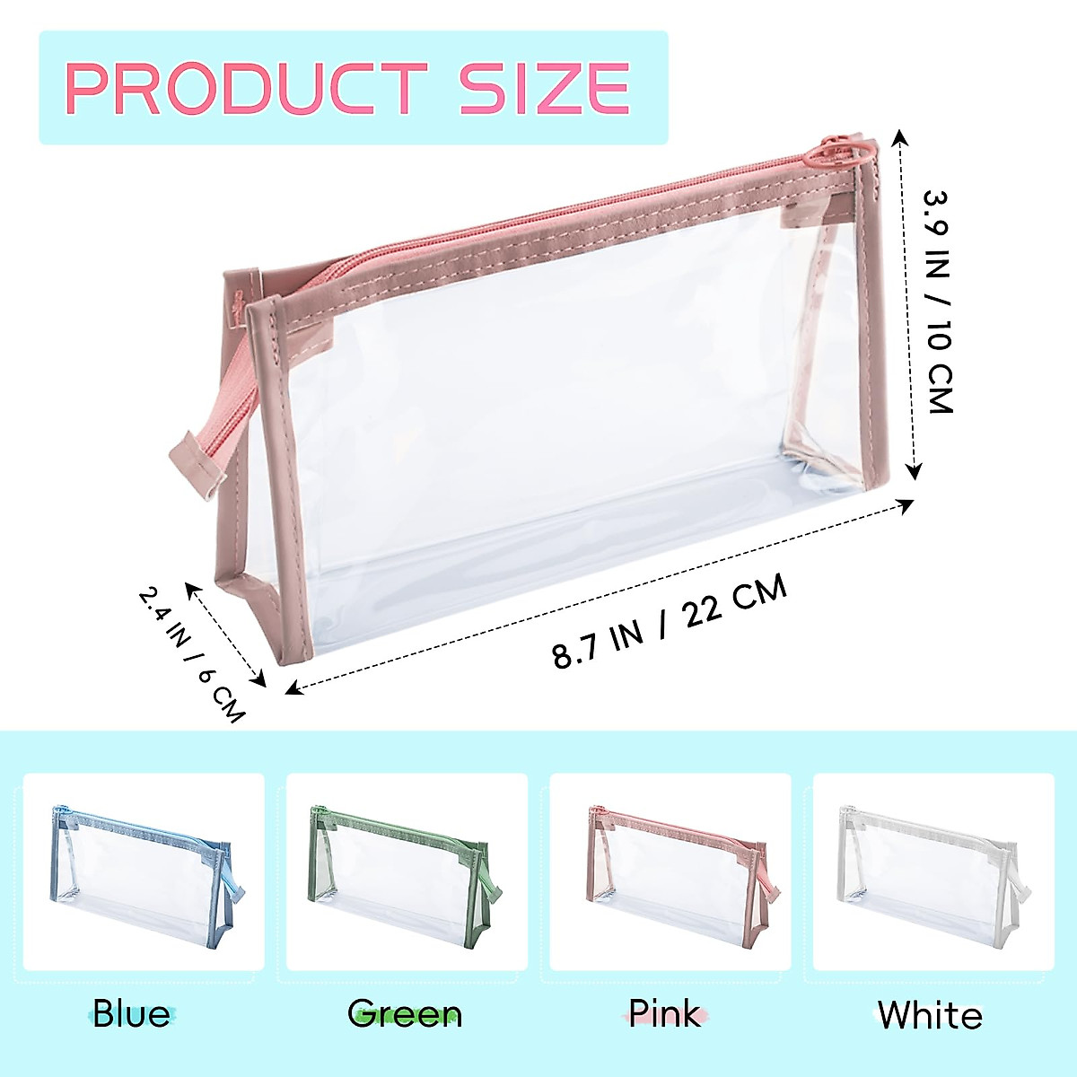 XJMWXHFC 4Pcs Travel Cosmetic Makeup Bags, Clear Pencil Cases, Transparent Pencil Pouch with Zipper, Multi-function Stationery Organizer for Adults Home, Office, Vacation (Blue, Green, White, Pink)