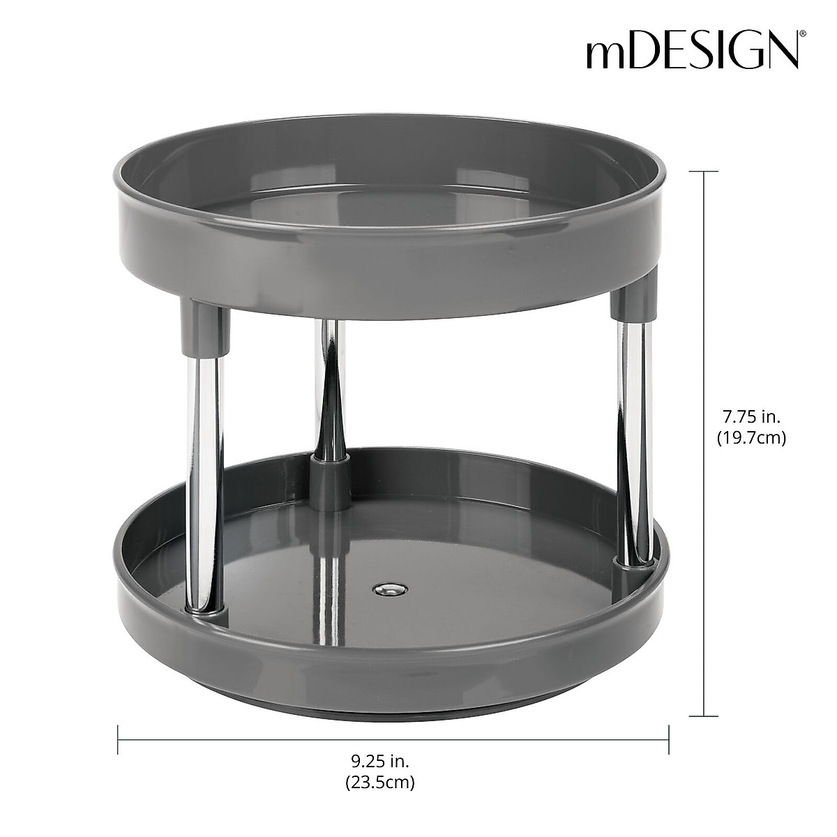 mDesign 2 Tier Lazy Susan Turntable Food Storage Container for Cabinets, Pantry, Fridge, Countertops - Raised Edge, Spinning Organizer for Spices, Condiments - 9" Round - Charcoal Gray/Chrome