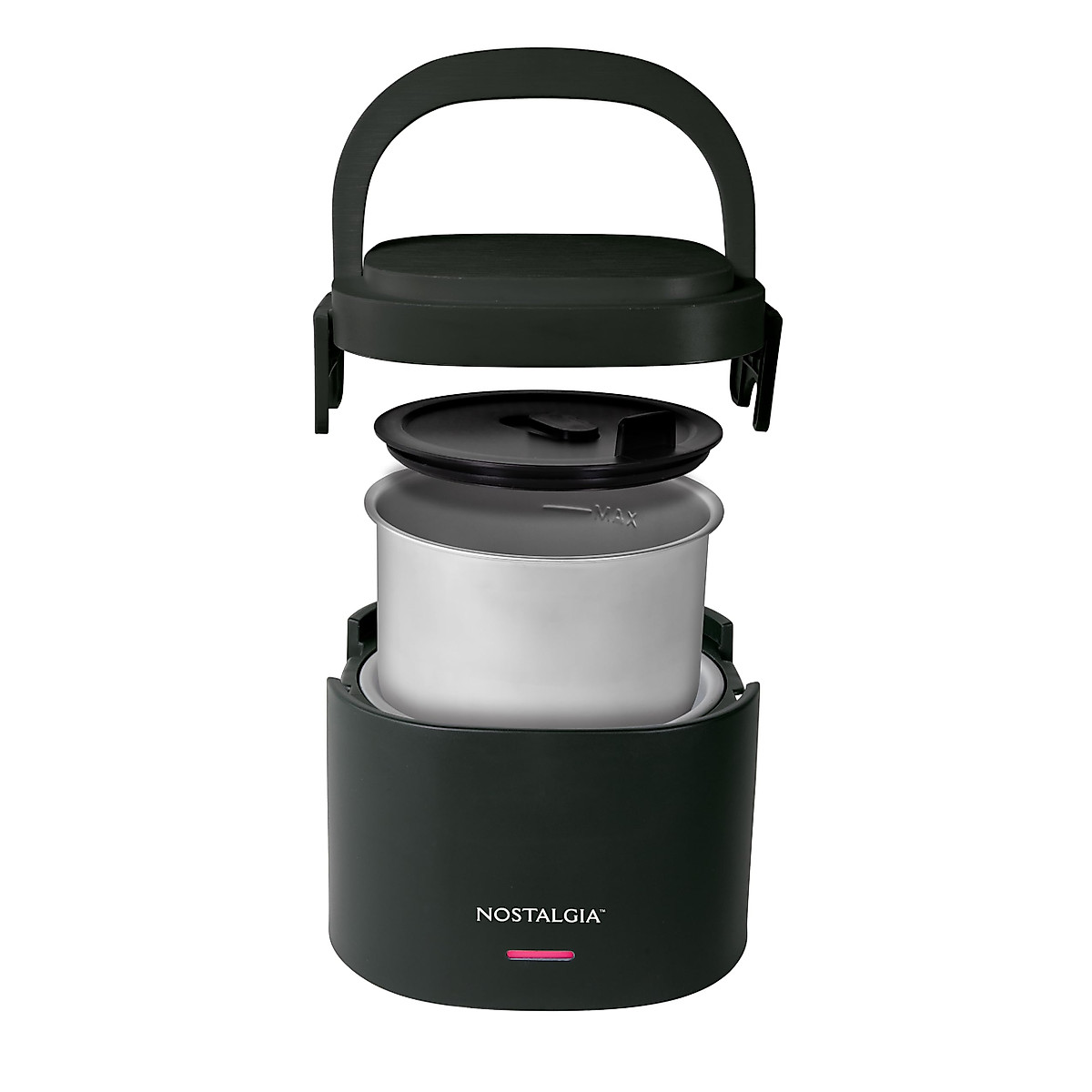 Nostalgia Portable 20-Ounce Electric Heated Lunch Box – Travel Size 2.5 Cup Capacity for Soup, Chili, and Leftovers – Leak Proof Silicone Sealed Lid, Foldable Carry Handle, Detachable Cord – Black