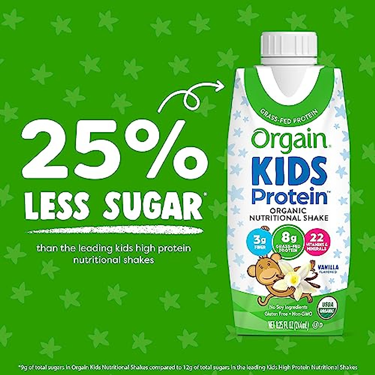 Orgain Organic Kids Nutritional Protein Shake, Vanilla - Kids Snacks with 8g Dairy Protein, 22 Vitamins & Minerals, Fruits & Vegetables, Gluten Free, Soy Free, Non GMO, 8.25 Fl Oz (Pack of 12)