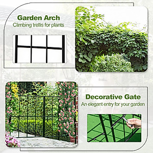Tangkula 7.5Ft Garden Arbor with Gate, Metal Garden Arch with Trellis for Climbing Plants, Roses, Vines, Outdoor Garden Archway for Wedding Bridal Party Decoration Ceremony (Black)