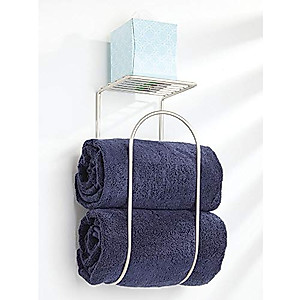 mDesign Modern Metal Wire Wall Mount Towel Rack Holder and Organizer with Storage Shelf - for Bathroom Towels, Washcloths, Hand Towels - Decorative Curved Design - Satin