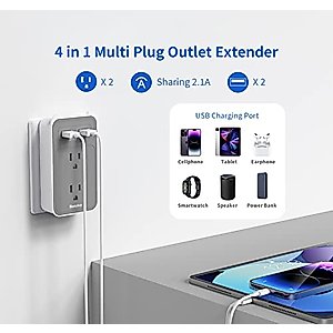 Outlet Extender with Multi Plugs, Huntkey Multi USB Plug Outlet Splitter W. Phone Cradle & 2 USB A Plug Charging Port （No Surge Protector)