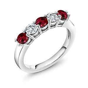 Gem Stone King 925 Sterling Silver Red Created Ruby and White Moissanite 5-Stone Wedding Anniversary Band Ring For Women (1.07 Cttw, Gemstone July Birthstone, Available In Size 5, 6, 7, 8, 9)