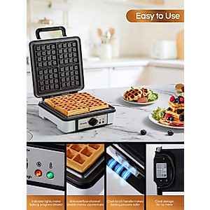 FOHERE Belgian Waffle Maker 4 Slices, 1200W Square Waffle Iron, 5 Browning Levels, Nonstick Plates, Cool-touch Handle, Anti-scald, Anti-overflow, Indicator Lights, Recipe, White