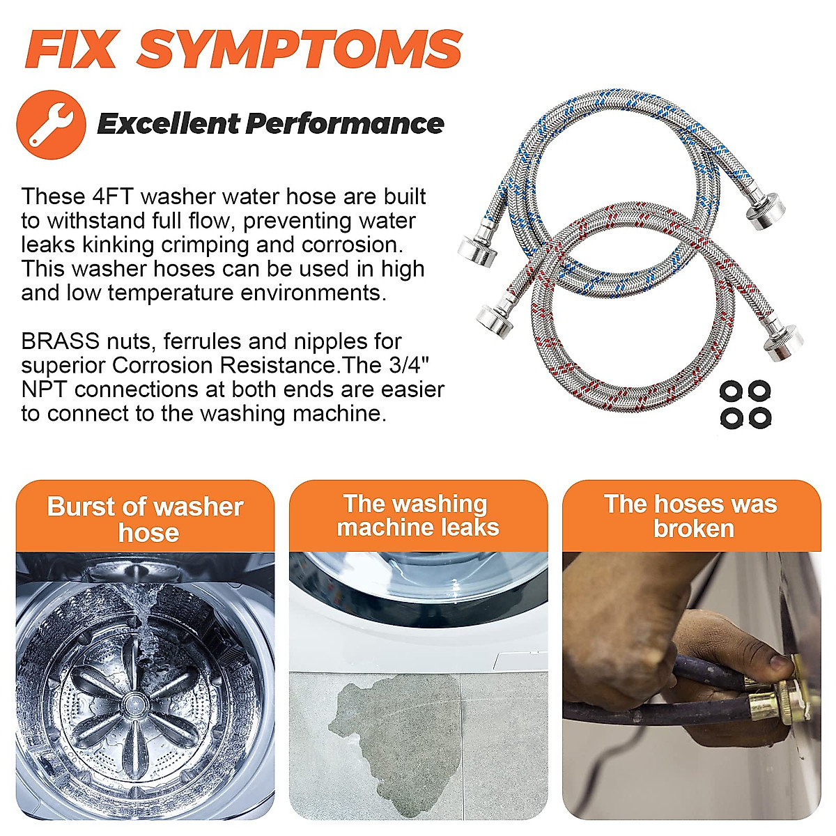 Beaquicy 4 Ft Washing Machine Hoses Burst Proof Braided Stainless Steel - Fit for ALL Washers - Red and Blue Washer Hoses(2 Packs)