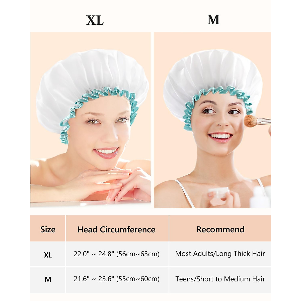 mikimini White Shower Cap for Long Hair 1 Pack, 12 inch large size,Waterproof Washable Hair Caps for Women and Girls, Super Cute and Extra Large