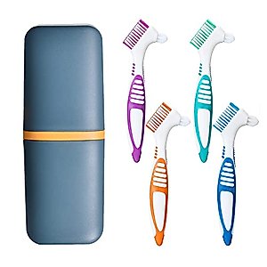 PICEROSE 4Pcs Denture Brushes with Carrying Case, Hard Double Sided Denture Cleaning Brush Heads for False Teeth Cleaning
