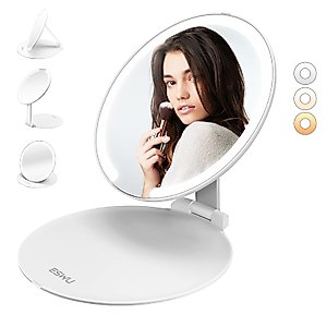 ESWU Travel Makeup Mirror with Light, Portable Folding Make Up Mirror Small Round with 58 LEDs Rechargable 3 Colors Light Compact Tabletop Mirror with Adjustable Stand (White)
