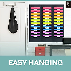 Black Pocket Chart for Classroom - 30 Pocket Storage Black Pocket Charts , 5 Over Door Hangers Included, Hanging Wall File Organizer for File Folders, School Mailbox, Home/Office Papers