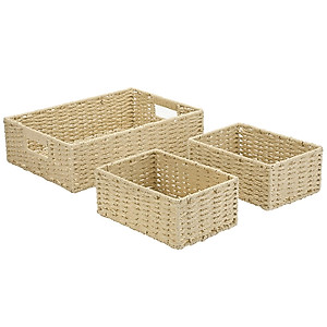 MyGift Beige Woven Small Storage Tray for Organizing, Multipurpose Nesting Basket Bin, Set of 3