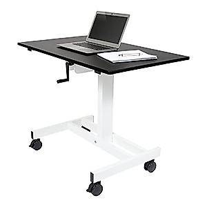 Stand Up Desk Store Crank Adjustable Height Single Column Rolling Mobile Standing Desk (White Frame/Black Top, 40" Wide)
