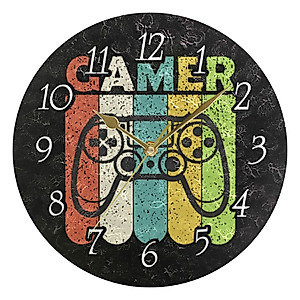 Colorful Joystick Vintage Gamepad with Slogan Gamer on Dark Wall Clock, Silent Non-Ticking Easy to Read Round Decorative Wall Clock with Gold Hands for Home Office School 9.5" in Diameter