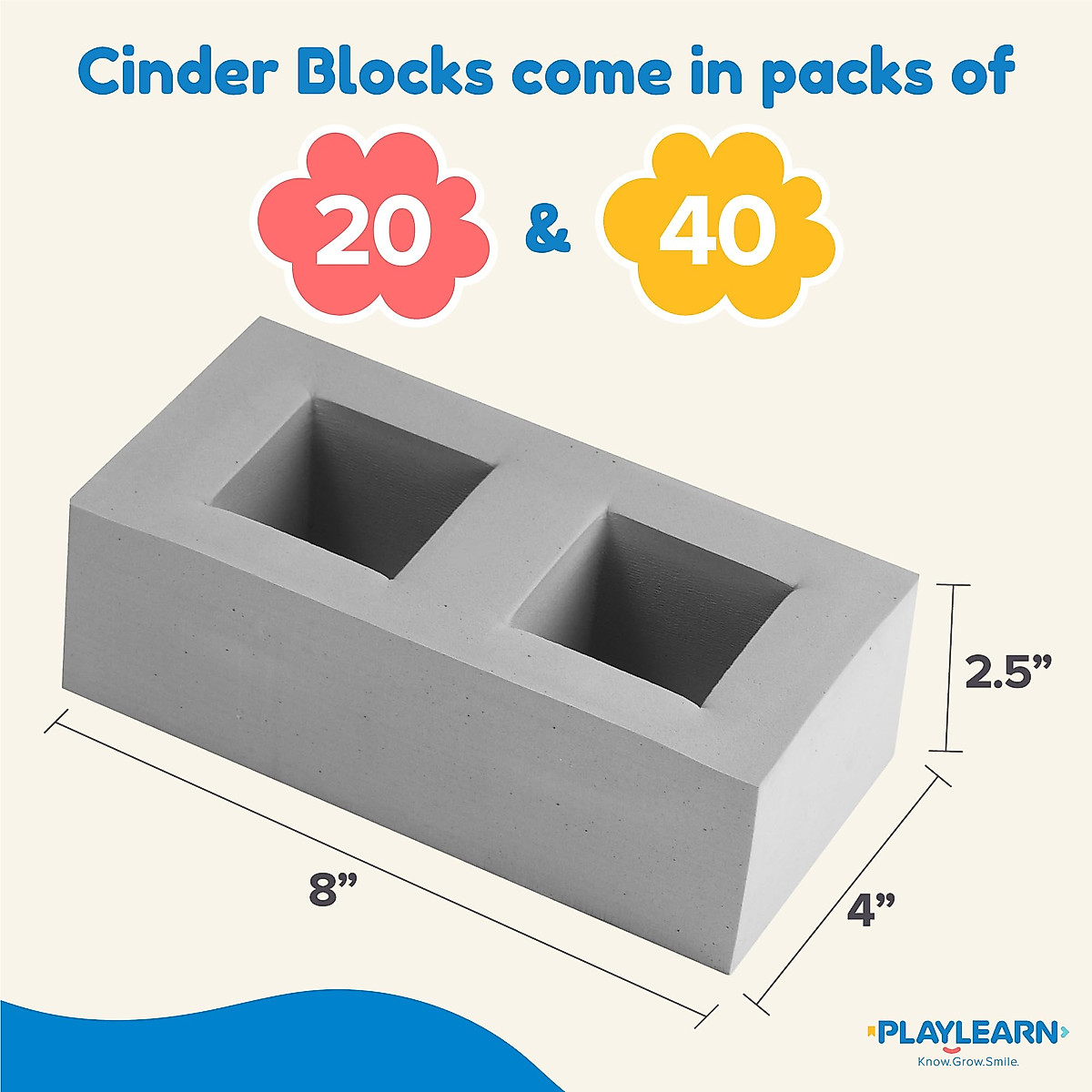 Playlearn 40pc Foam Cinder Blocks for Kids - Children’s Reflective Vest and Storage Bag Included - Actual Brick Size- Lightweight, Soft Building Blocks - Fake Brick Blocks