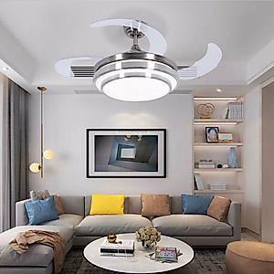 Lighting Groups 42 Inch Invisible Ceiling Fan 3-Color Lights Remote Control Retractable Blades Fandelier for Living Room Dining Room Reversible Fan Indoor Lights (Chrome-02)