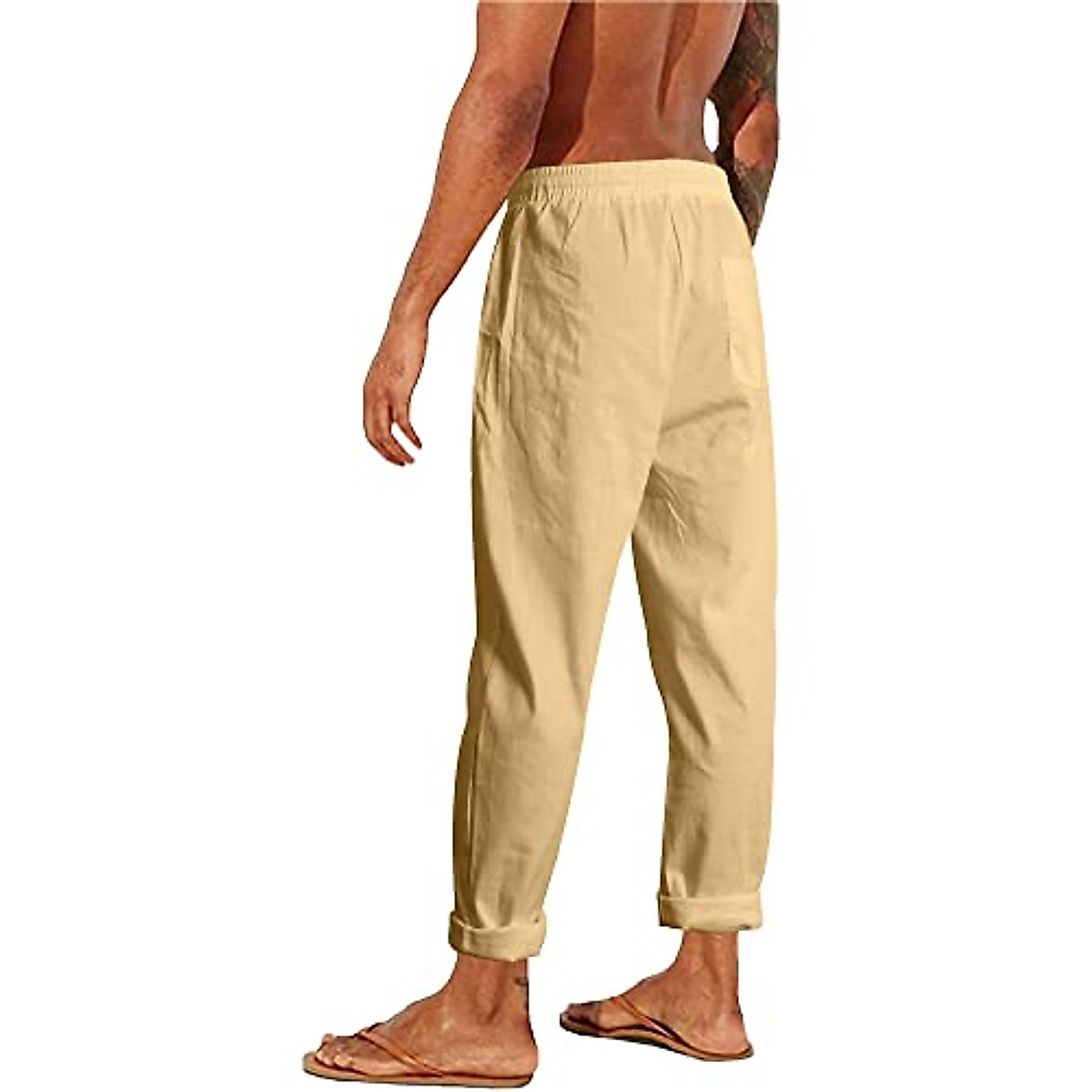 NANAMEEI Linen Beach Pants Men Cotton Pants for Men Casual Pants for Men Beach Trousers for Men Khaki 2XL