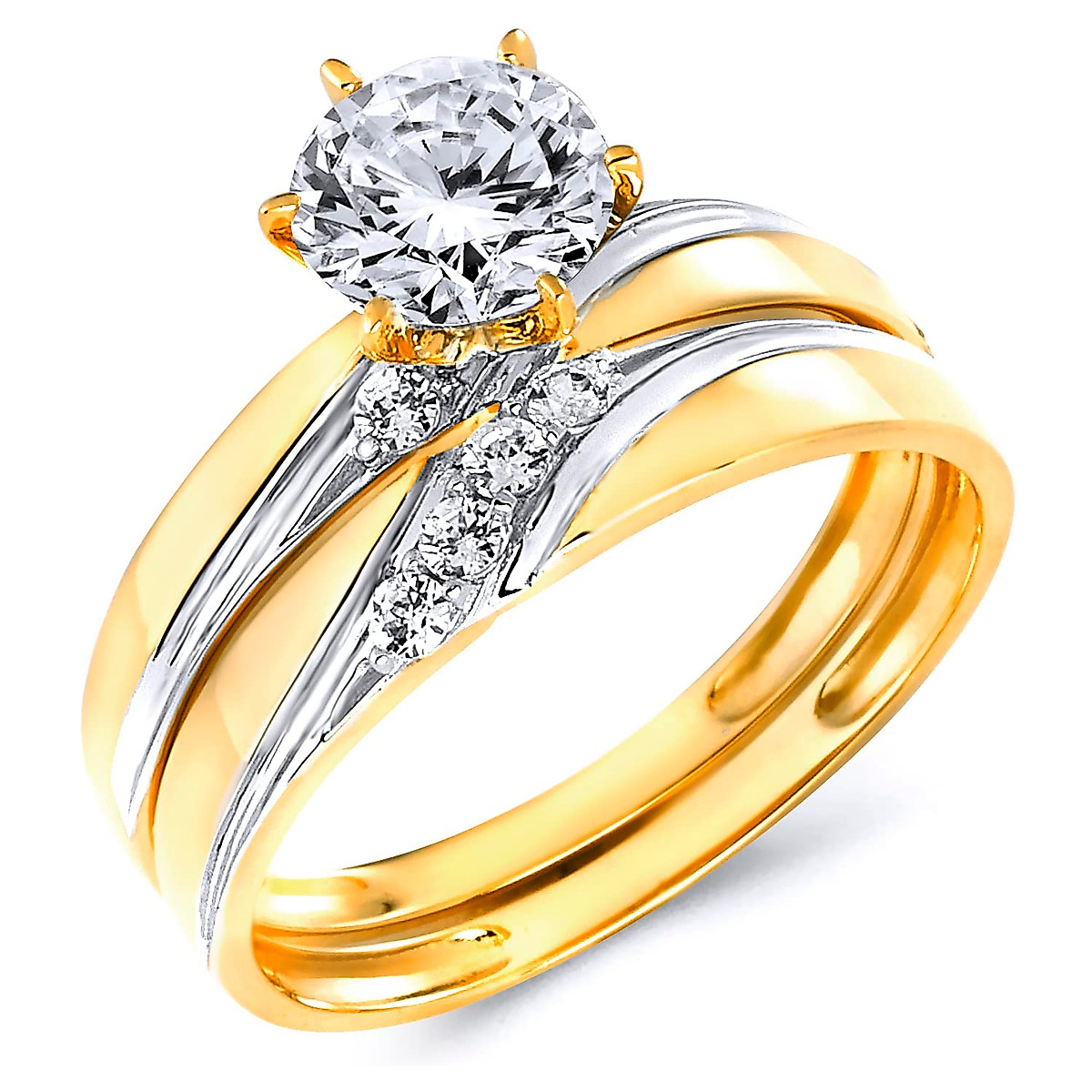 Ladies 14k Yellow Gold Engagement Ring and Wedding Band Bridal Set - Size 6