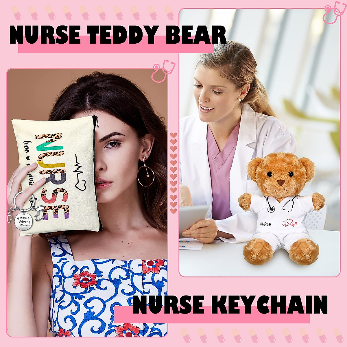 Hinly 2 Pcs Nurse Appreciation Gifts Nurse Bear Plush Toy Stuffed Animal Nurse Keychain Doctor Practitioner Graduation Gifts(White)