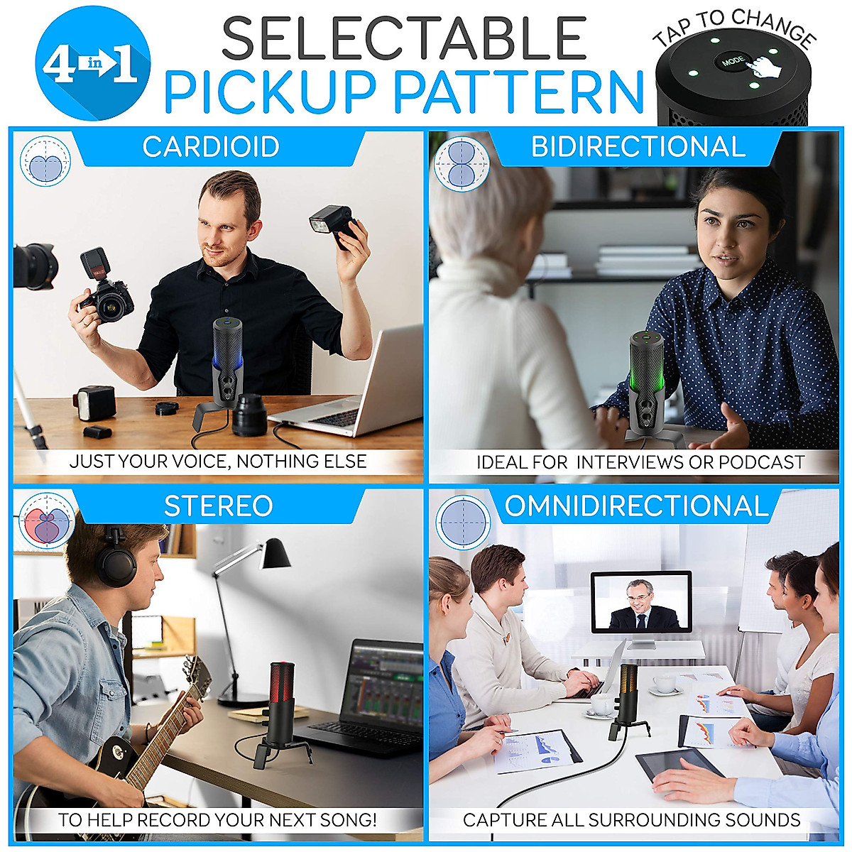 Pyle Selectable Pickup Pattern RGB USB Microphone - 4 Recording Modes Cardioid, Bidirectional, Stereo, Omnidirectional - Condenser Audio Mic w/LED Lights for Gaming Podcasting Studio PC, and Mac