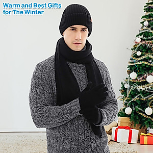 Mens & Womens Winter Knit Hat Beanie Long Neck Scarf Touchscreen Gloves Set Skull Cap with Fleece Lined Gifts for Men Women