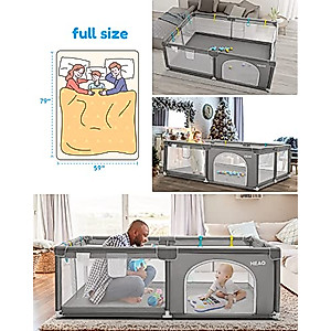 HEAO Baby Playpen for Toddler, Large Baby Playard 79 "X 59", Sturdy Play Yard with Soft Breathable Mesh, Safety Playpen for Babies, with 30 Pits Balls&Anti-Slip Base&6 Pull Rings, Light Grey