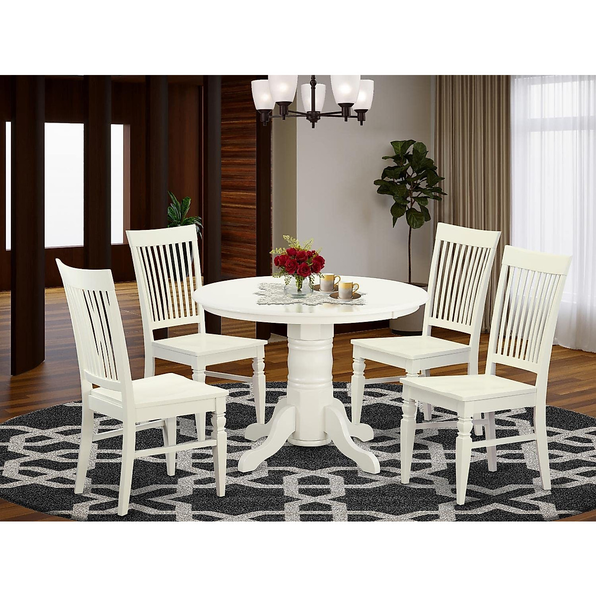 East West Furniture SHWE5-WHI-W 5 Piece Modern Dining Table Set Includes a Round Kitchen Table with Pedestal and 4 Dining Chairs, 42x42 Inch, Linen White
