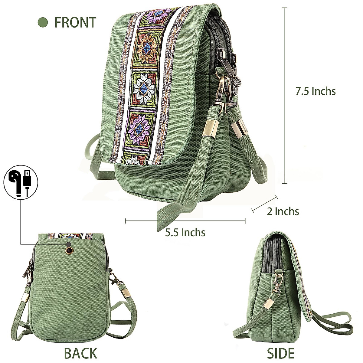 Goodhan Embroidery Canvas Crossbody Bag Cell phone Pouch Coin Purse for Women