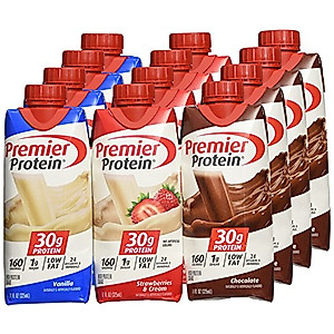 Lot of 12 Premier Protein 30g High Protein Shakes 11 Oz. Variety Pack Contains Chocolate, Vanilla & Strawberries & Cream