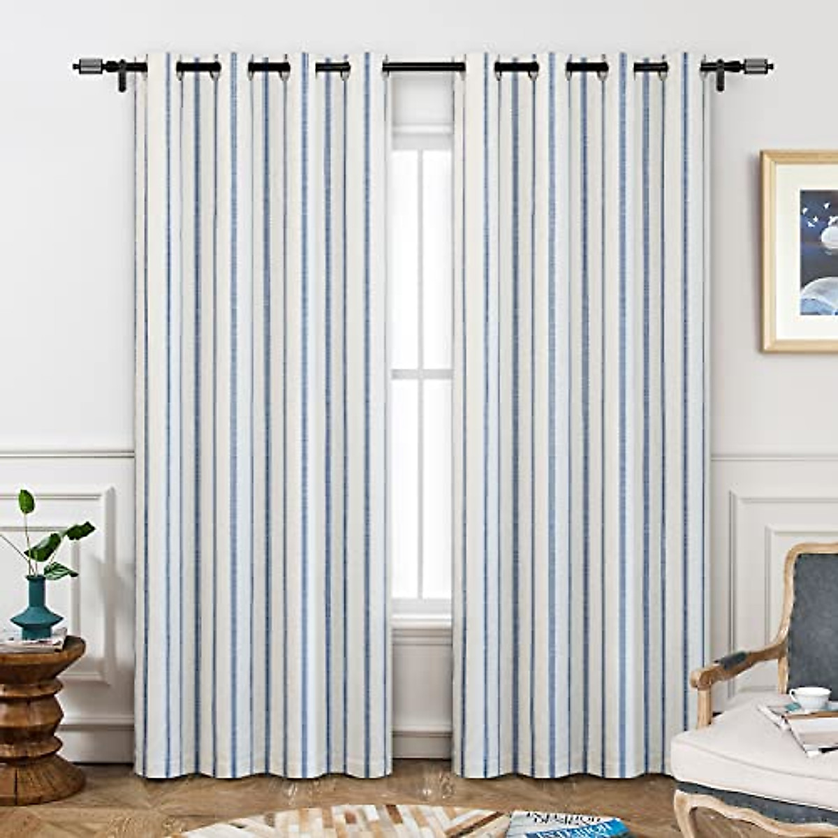 DriftAway Farmhouse Linen Blend Blackout Curtains 84 Inches Long for Bedroom Vertical Striped Printed Linen Curtains Thermal Insulated Grommet Lined Treatments for Living Room 2 Panels W52 x L84 Navy