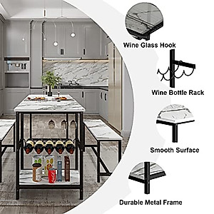 Dining Table Set for 4, 3 Piece Kitchen Table and Chairs Set with 2 Benches, Small Kitchen Table Set with Wine Rack and Glass Holder, Rustic Metal Frame for Breakfast Nook Apartment (White Statuario)