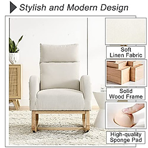 Krinana Nursery Rocking Chair with Solid Wood Legs, Glider Chair for Nursery with Two Side Pockets, Rocker Armchair for Living Room Bedroom (Beige, Linen Fabric)