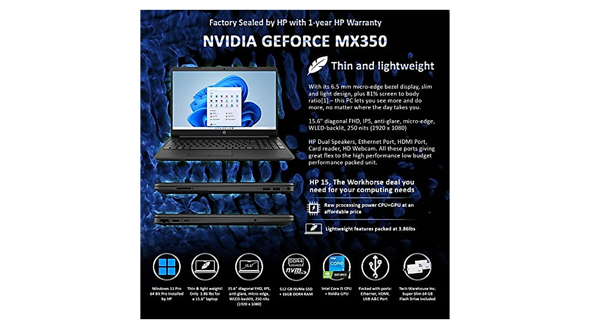 HP 15 Laptop 2022 - Intel Core i5, 16GB RAM, 512GB SSD, NVIDIA MX350
