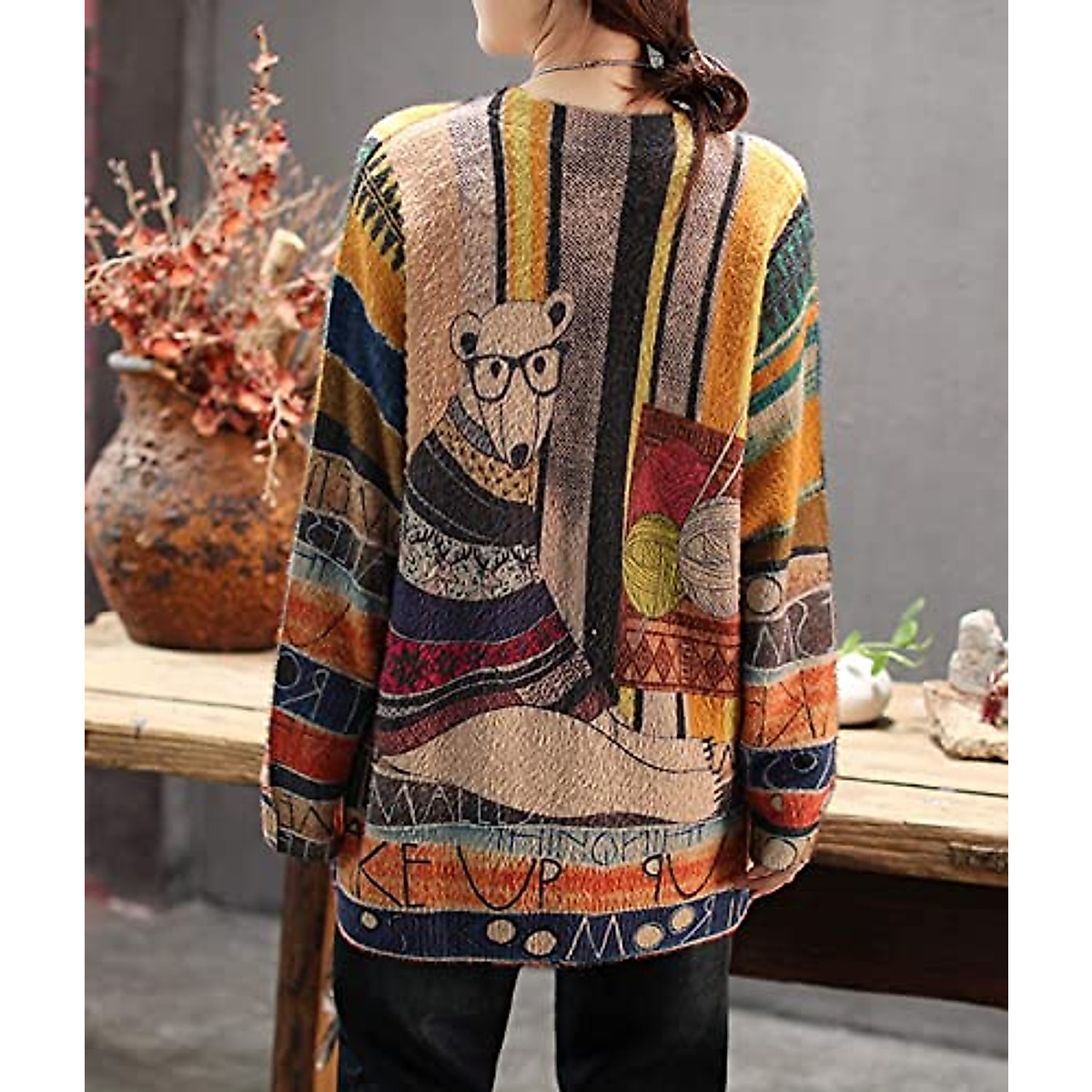 YESNO Women Sweater Graphic Oversized Pullover Sweaters Casual Loose Long Sleeve Knit Tops M S01 CR31