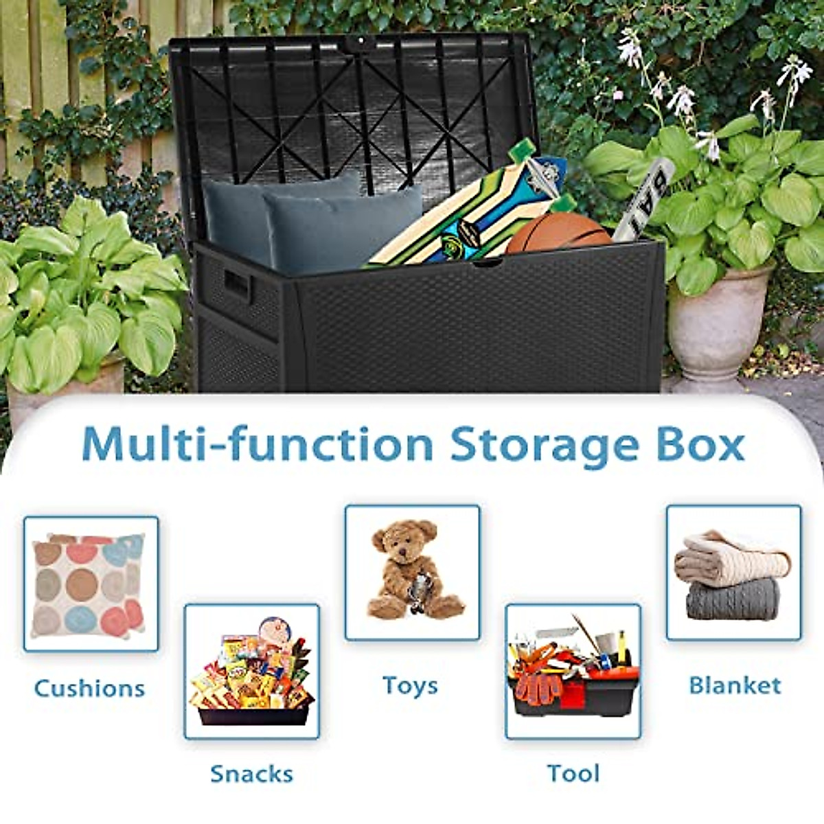 SUNCROWN 120 Gallon Outdoor Storage Box Waterproof Resin Storage Bench Deck Box with Handles for Patio Furniture Cushions, Toys and Garden Tools, Black