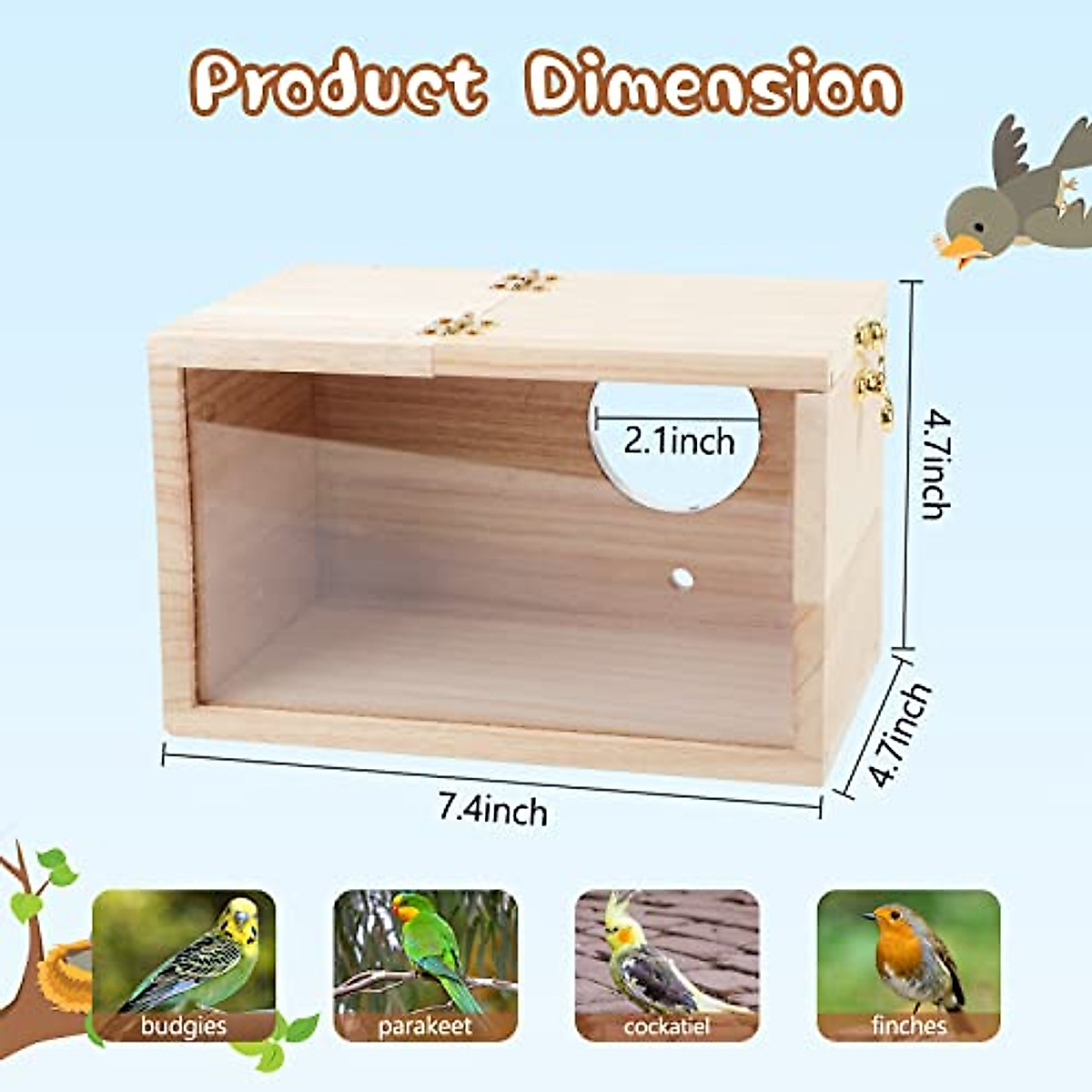 GINDOOR Parakeet Nesting Box Transparent Bird House for Cage Natural Wood Breeding Box for Parrot Parakeet Cockatiel Lovebirds Budgie Conure and Other Small Birds