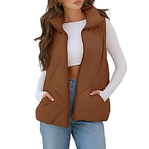 MEROKEETY Womens Puffer Vest Sleeveless Zip Up Quilted Coat Lightweight Stand Collar Gilet Jacket With Pockets Brown Medium