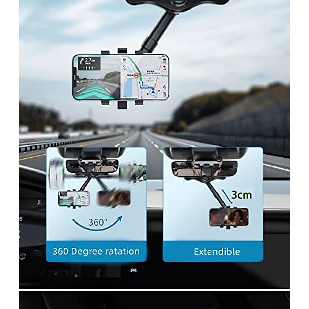 Timpou Car Phone Holder, Rearview Mirror Phone Holder, Adjustable Nagivator Holder, 360° Rotatable and Retractable Universal Car Cell Phone Holder for All Cell Phone