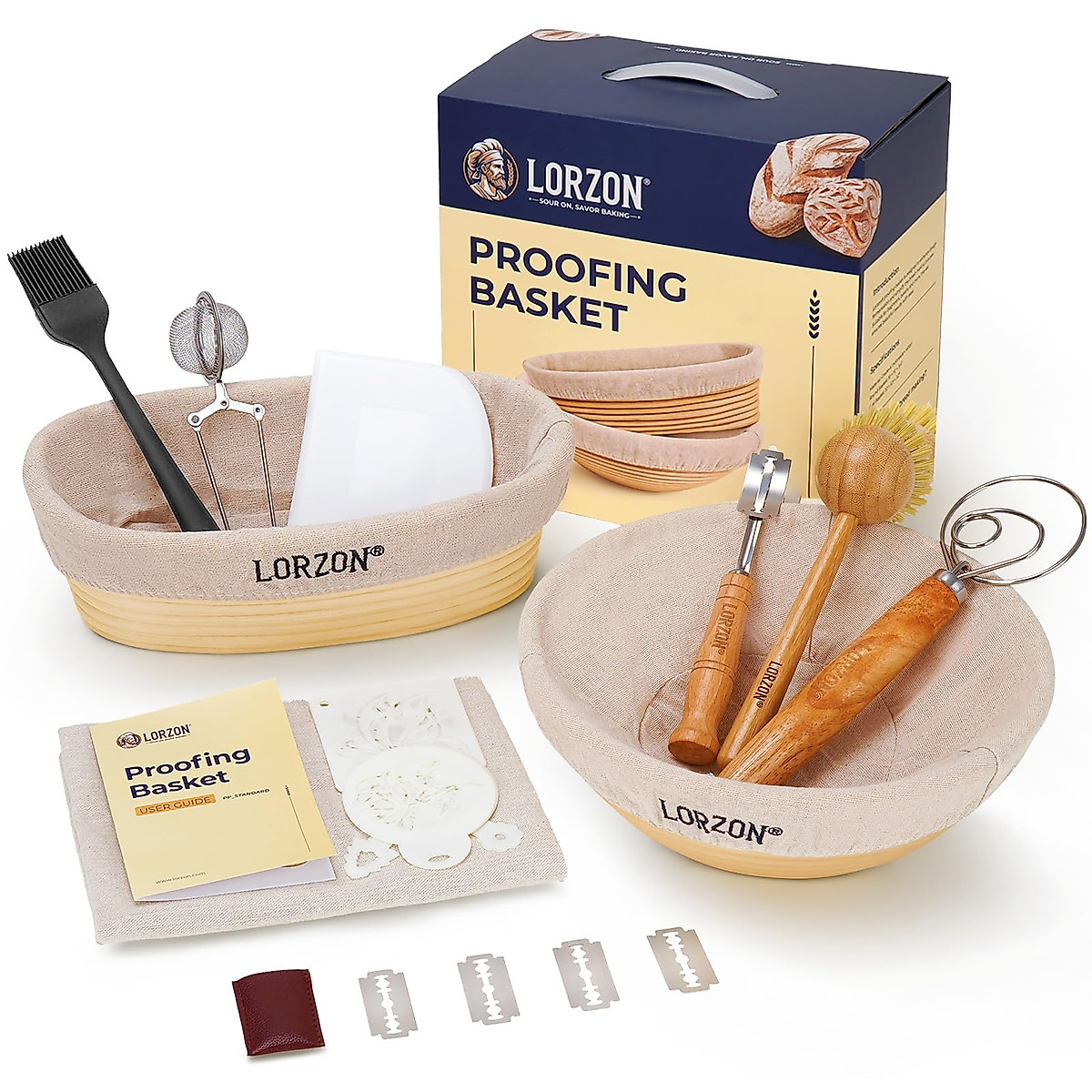 Lorzon Banneton Proofing Basket Set of 2, 10 Inch Round & Oval Cane Bread Proofing Baskets with Sourdough Bread Baking Supplies, Bread Making Kit