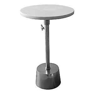 Benjara Aluminum Frame Round Side Table with Marble Top and Adjustable Height, White and Silver