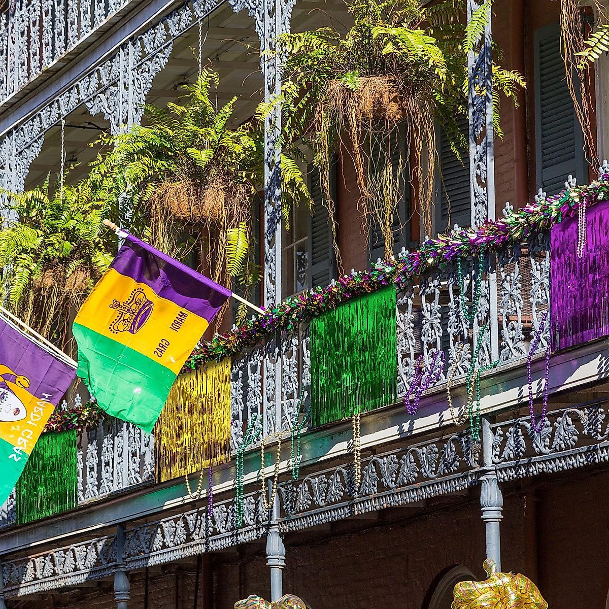 URATOT 2 Pack 29 x 106 Inches Mardi Gras Metallic Fringe Table Skirt Mardi Gras Decorations for Party Gold Green Purple Foil Fringe Table Skirt