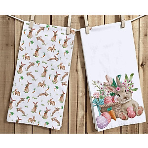 Watercolor Easter Bunny Kitchen Dish Towel 18 x 28 Inch, Spring Summer Flamingo Rabbit Tea Towels Dish Cloth for Cooking Baking Set of 2