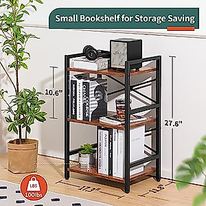 Yoobure Bookshelf Small Book Shelf, Solid Industrial 3 Tier Shelf Bookcase, Short Book Case for Bedroom, Living Room, Office Home, Small Spaces, Easy Assembly Berry Brown